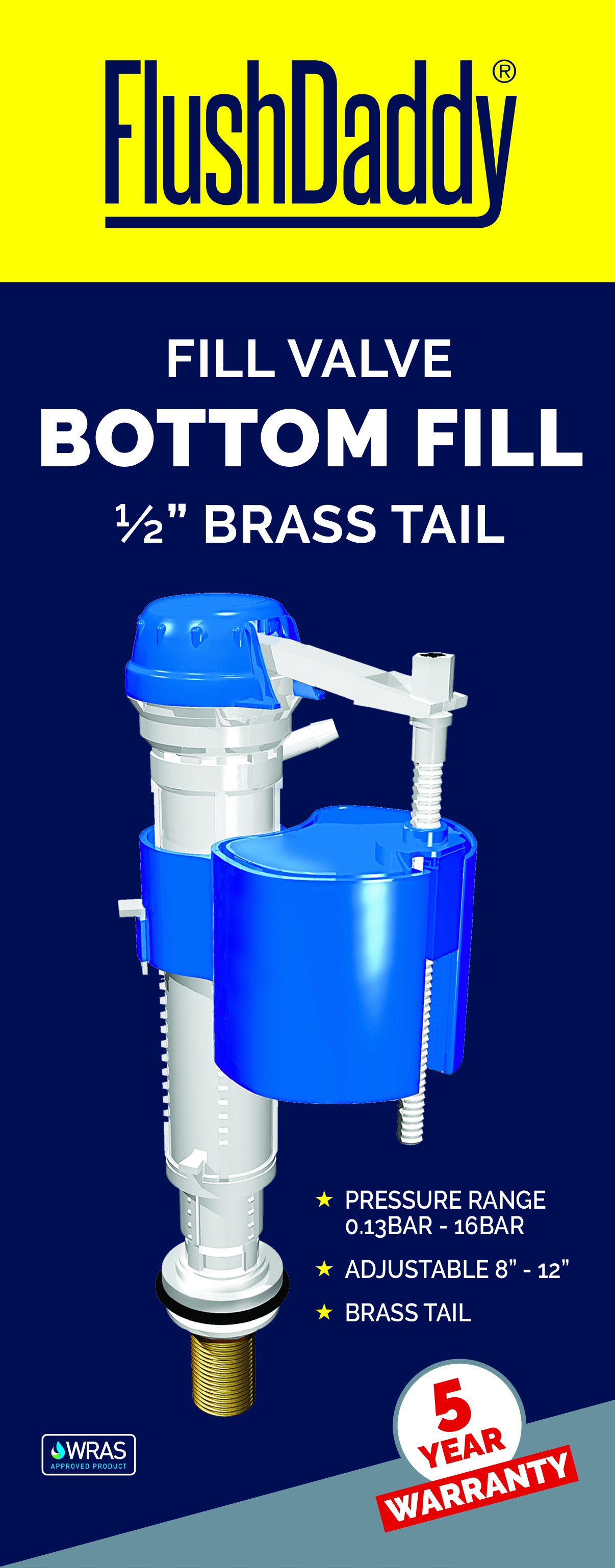 FlushDaddy Bottom Entry Anti Syphon Adjustable Fill Vave 1/2" Brass Tail